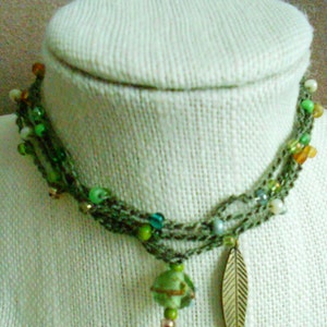 Bronze Feather and Green Beaded Crochet Wrap Necklace/bracelet - Etsy
