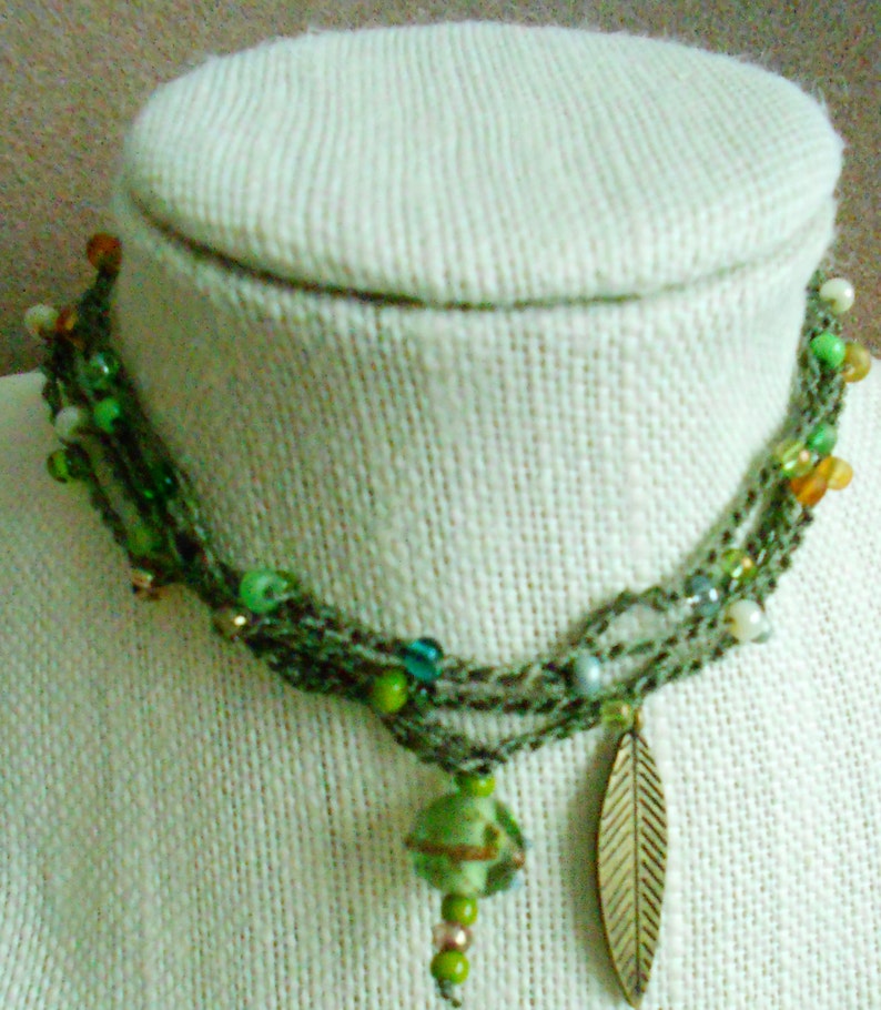 Bronze Feather and Green Beaded Crochet Wrap Necklace/bracelet - Etsy