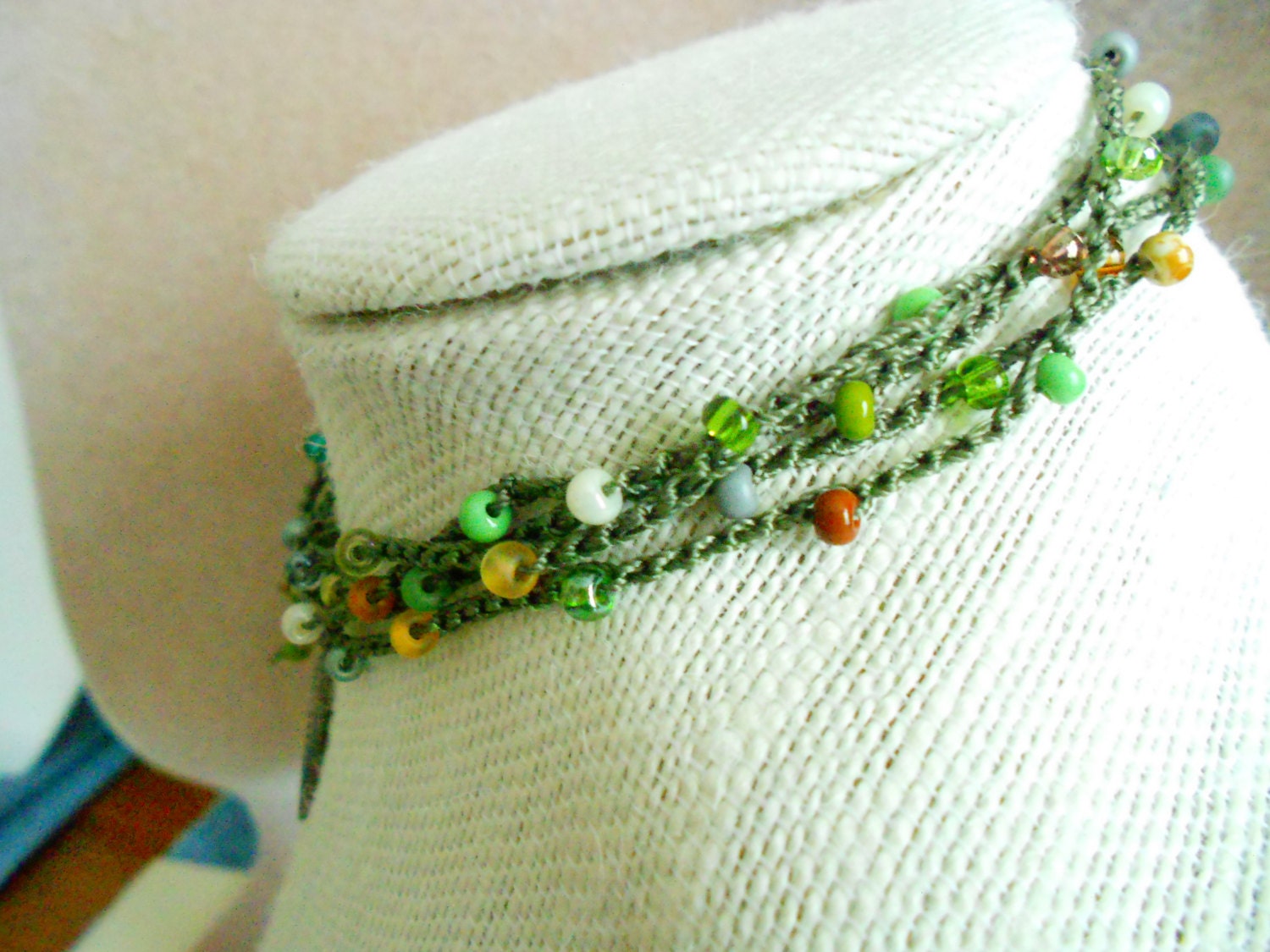Bronze Feather and Green Beaded Crochet Wrap Necklace/bracelet - Etsy