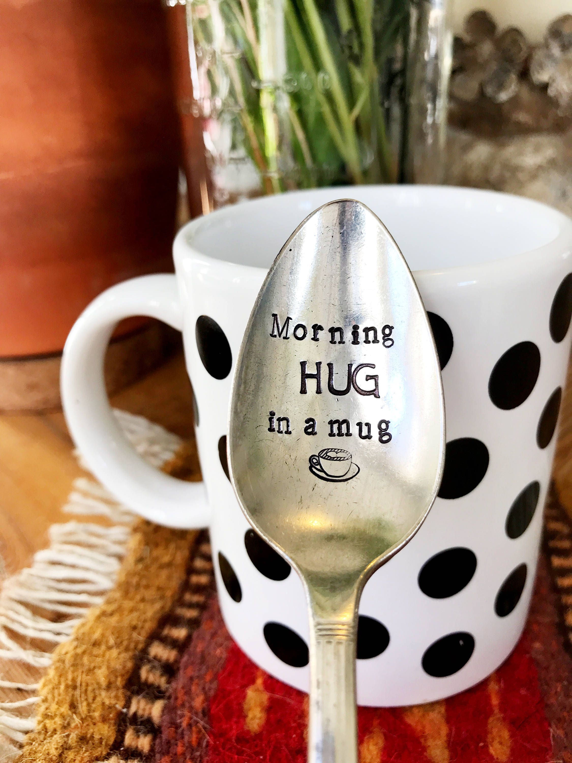 Morning Hug In A Mug Coffee Spoon Stamped Silver Spoon | Etsy