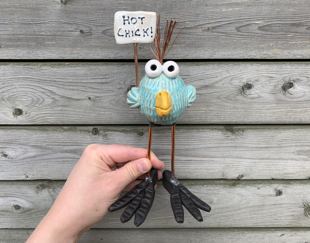 Ceramic Bird, Medium Bird, Bird With Detachable 'HOT CHICK! Sign, Aqua ...