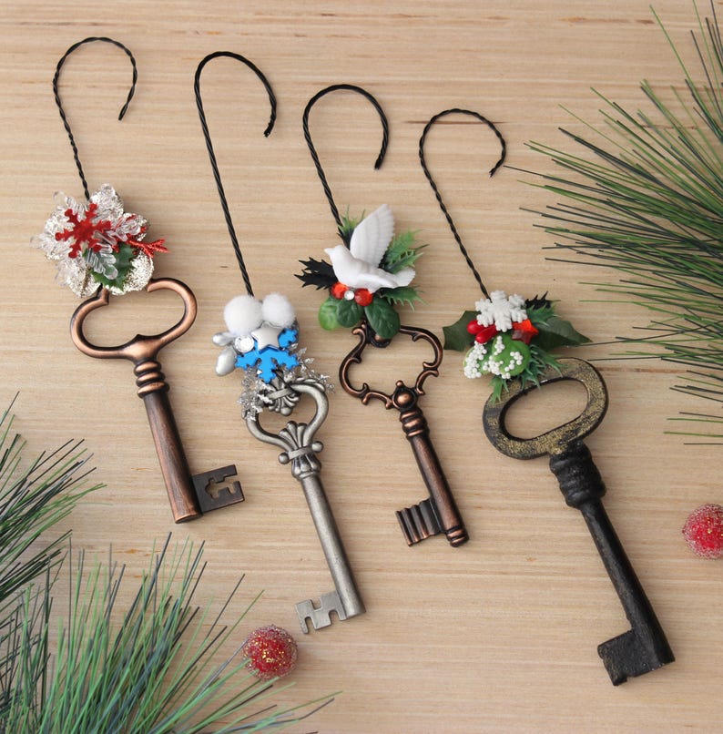 Set of Decorative Keys Christmas Ornaments, Embellished Large Metal ...