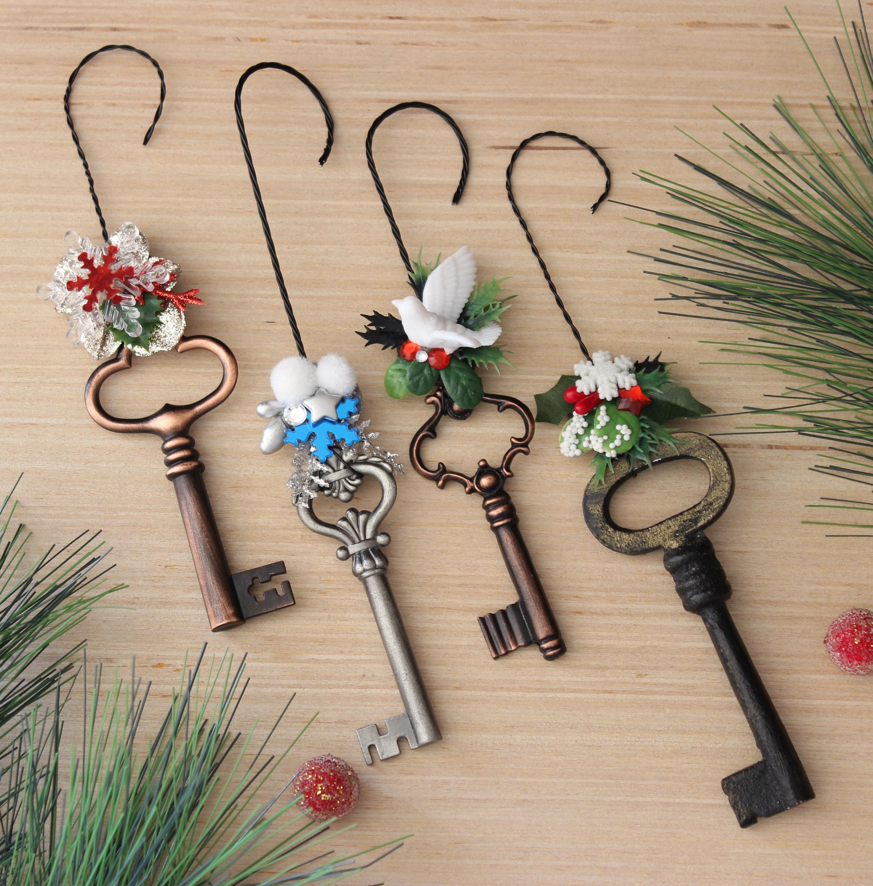 Set of Decorative Keys Christmas Ornaments, Embellished Large Metal ...
