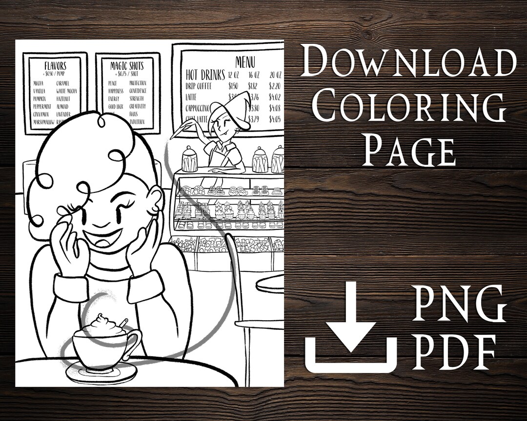 Adult Coloring Page Magical Coffee Shop Download, Witchy Barista ...