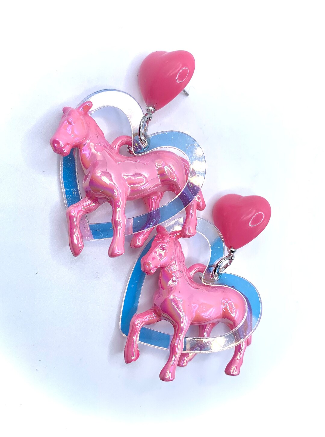 Iridescent Pink Horsey Heart Danglers, Pastel Pink Pony Earrings, Funky ...