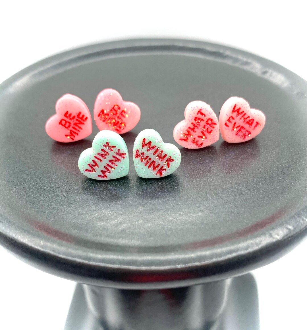 Sparkly Conversation Hearts Tiny Stud Earring Set Candy Heart Studs Be ...