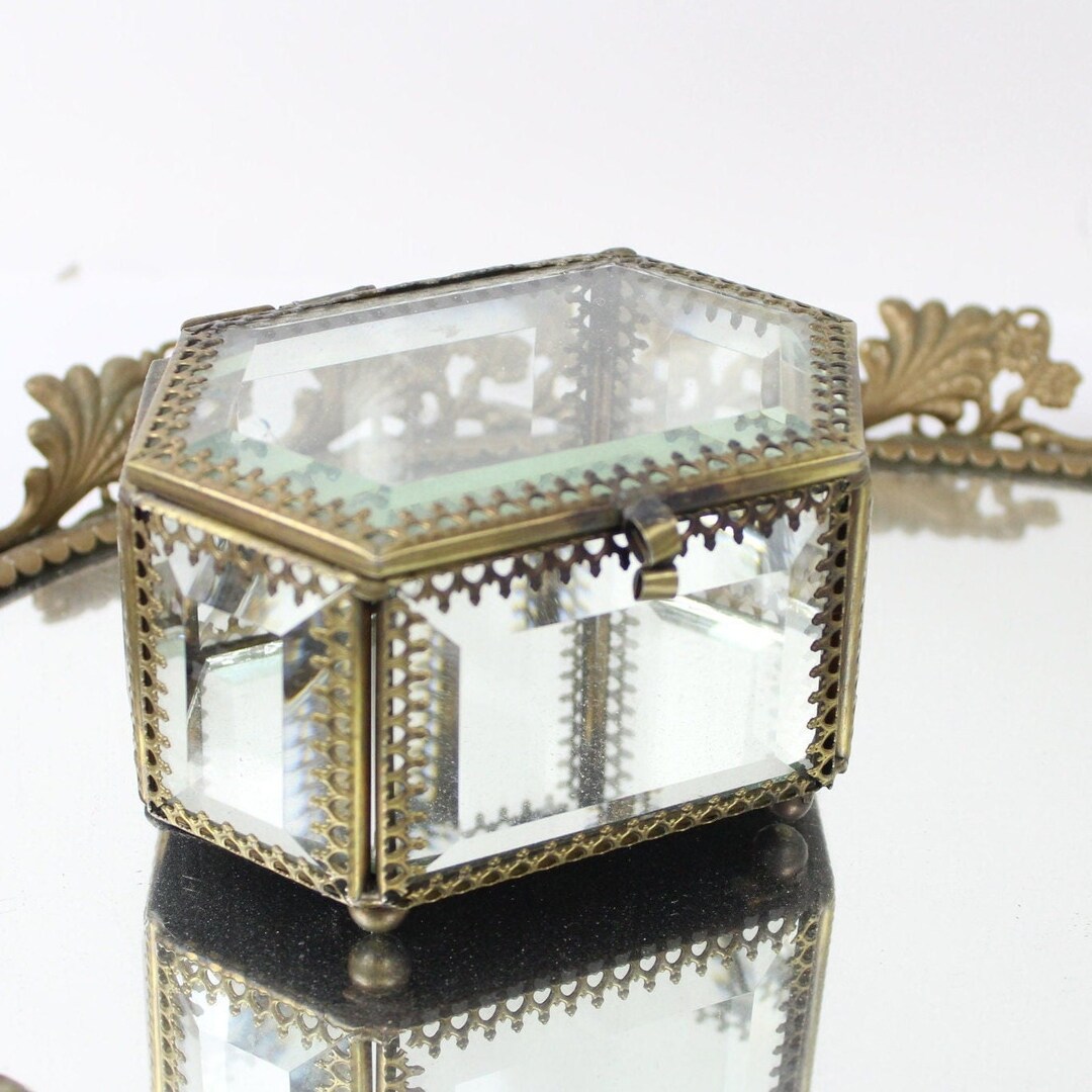 Vintage Glass Trinket Box, Beveled Glass Top Vanity Box, Fancy Jewelry ...