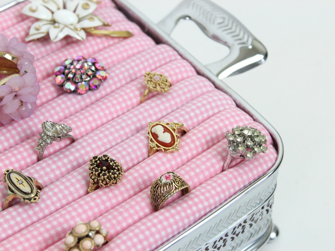 Pink Gingham Ring Tray, Standing Jewelry Organization, Ring Holder ...