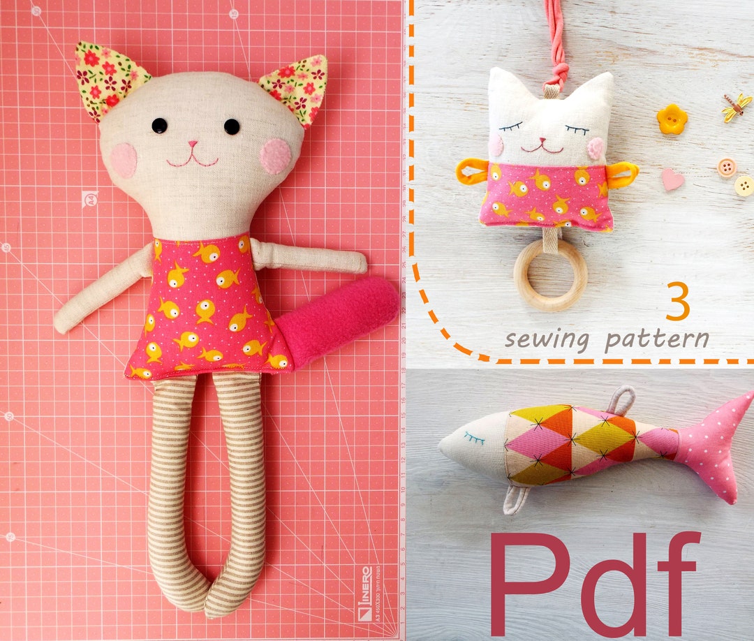 Stuffed Animal Cat and Fish Toy Sewing Pattern . Teething Cat Toys Rag ...