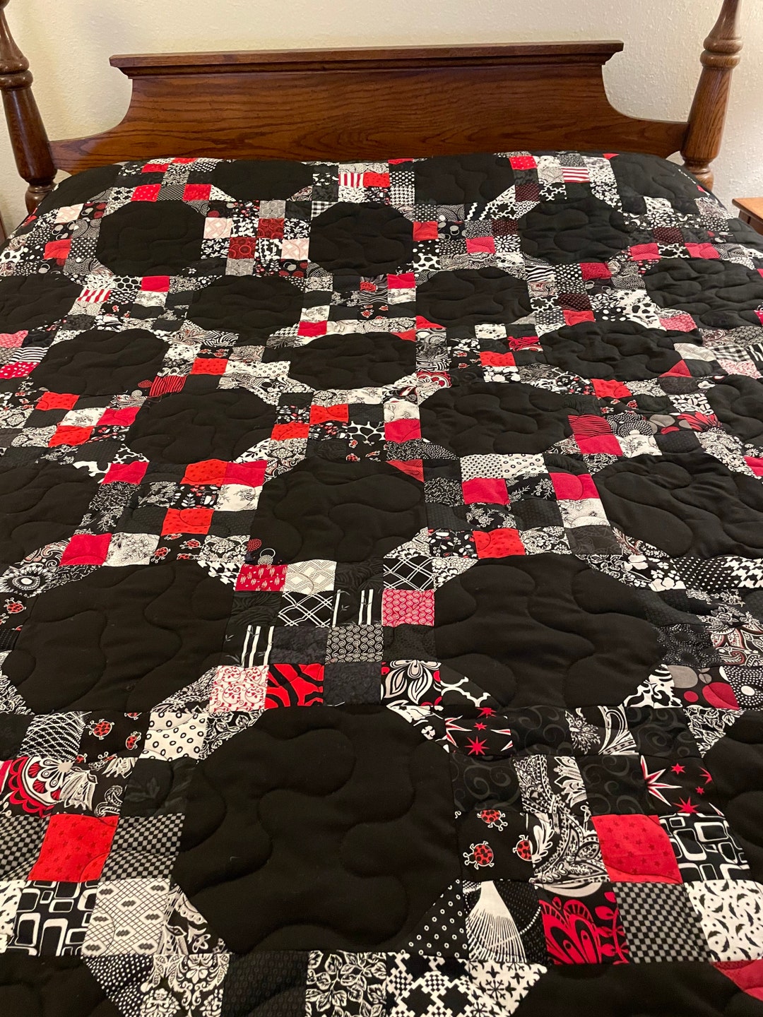 This is a New Red Black Gray and White Scrappy Quilt. Several Different ...