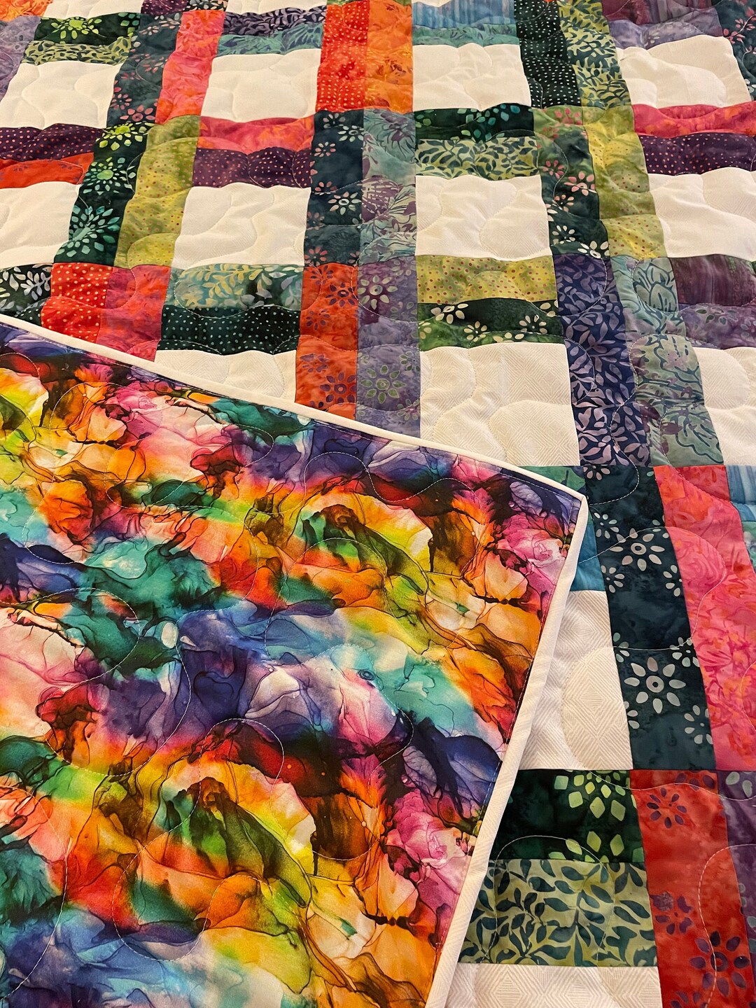 New Queen Size Batik Quilt With a Variety of Coordinated Bright Colors ...