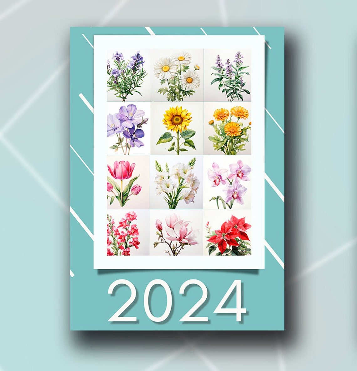PRINTABLE 2024 Calendar, Instant Download, Watercolors, Flowers, 2024 ...