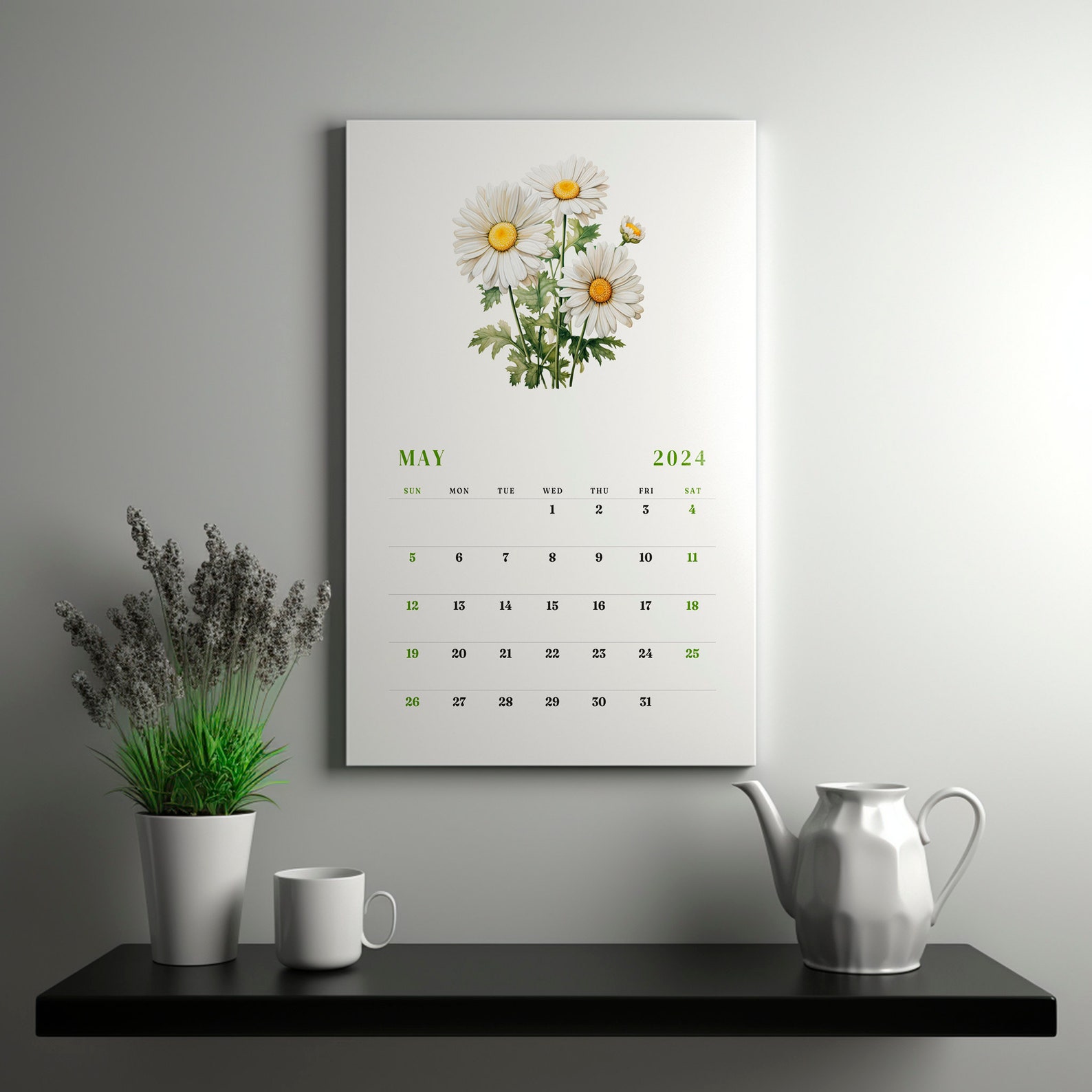 PRINTABLE 2024 Calendar, Instant Download, Watercolors, Flowers, 2024 ...