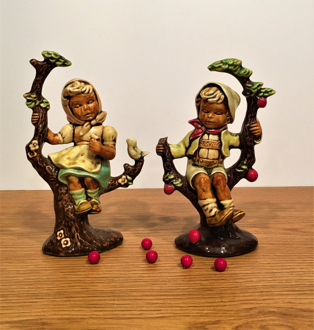Vintage / Antique Apple Tree Boy and Girl Hand Painted Figurines Signed ...