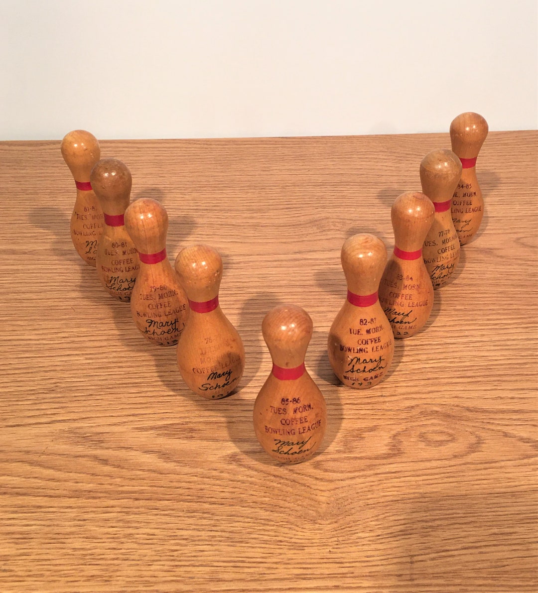 Lot of 9 Vintage Mini Bowling Pins Awards Tuesday Morning Coffee ...