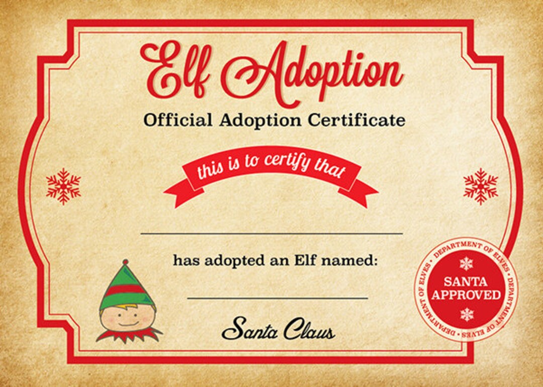 Elf Adoption Certificate Signed by Santa. Personalized Elf Certificate ...