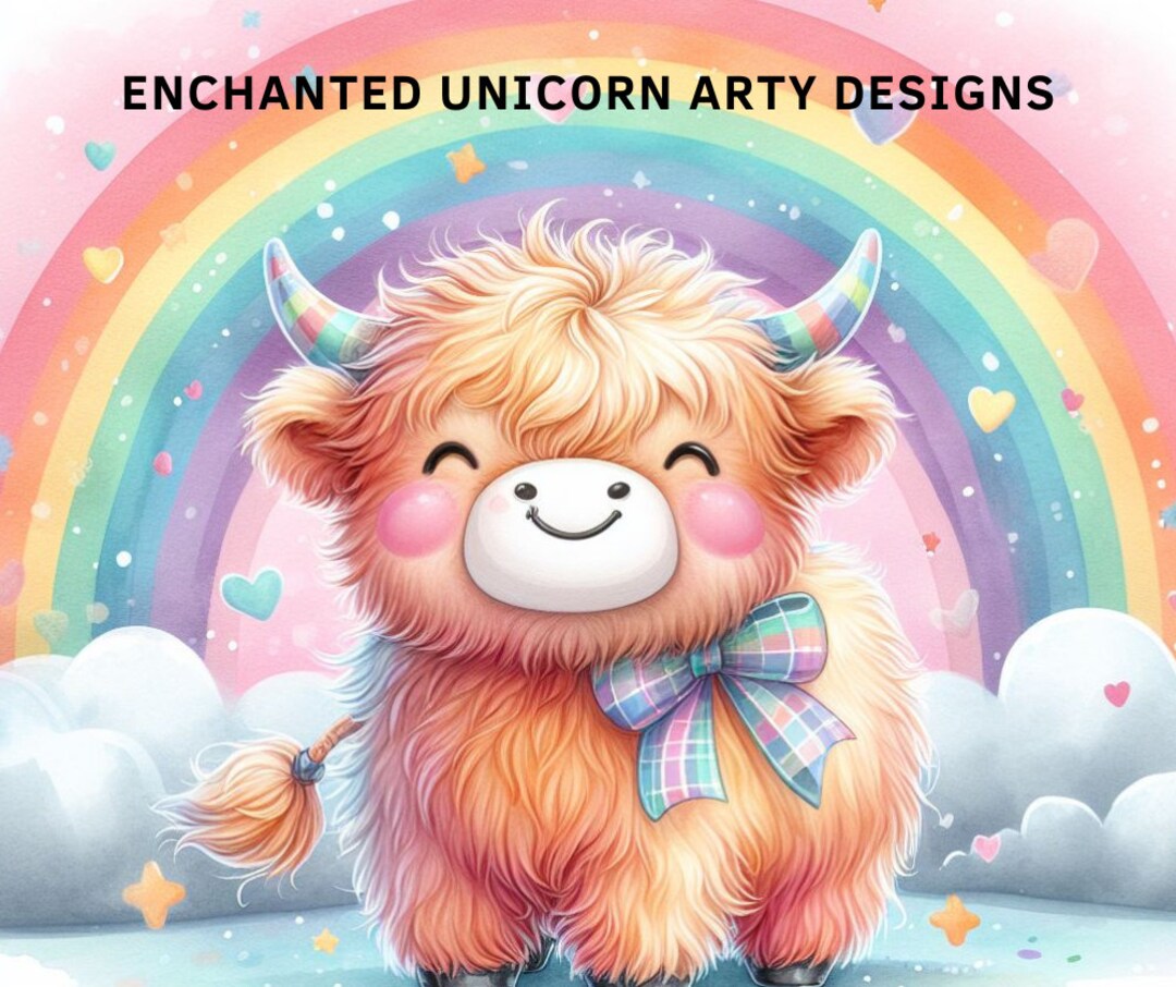 Cute Baby Highland Cow & Rainbow Design Downloadable Clipart | Baby ...