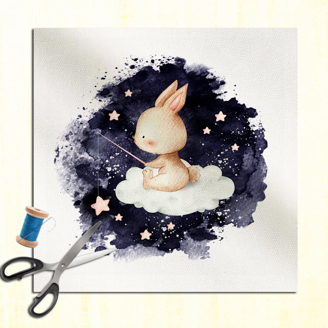 Baby Rabbit Fishing for Stars Watercolor Watercolor Cushion Panel ...