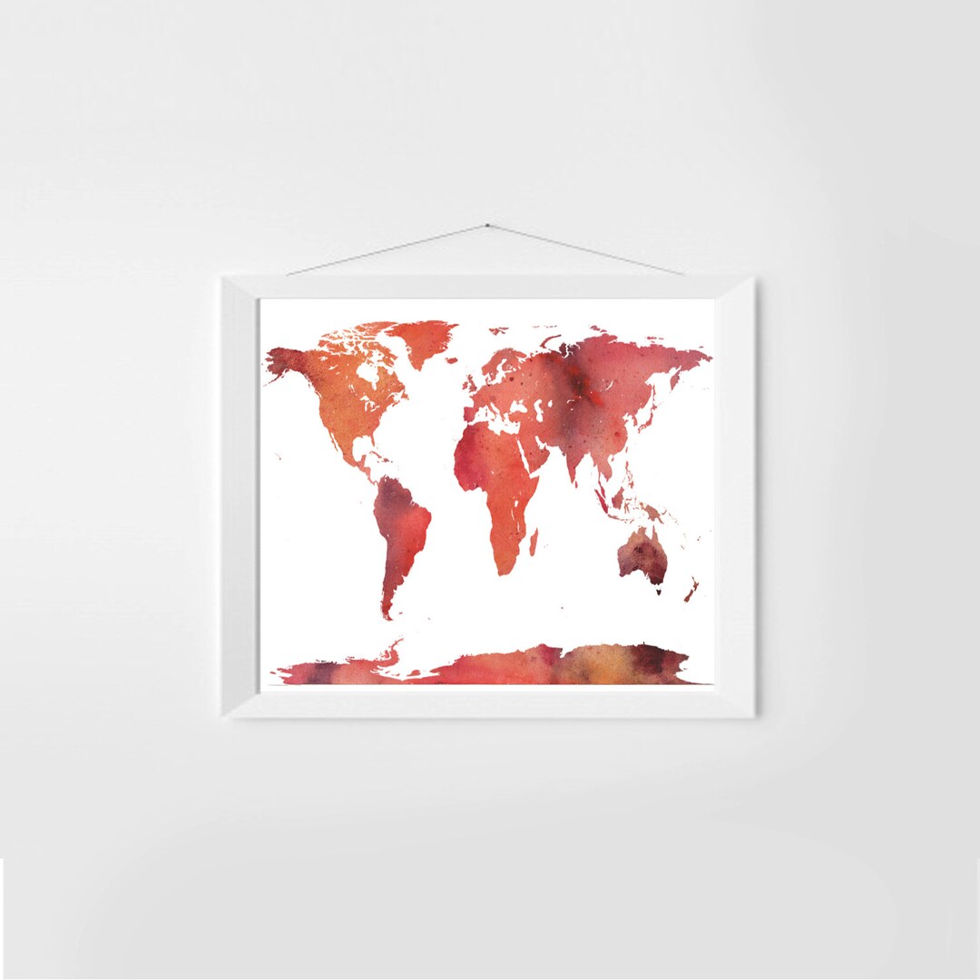 World Map Red - Water Colour Wall Art Print, Watercolour Poster Giclee ...