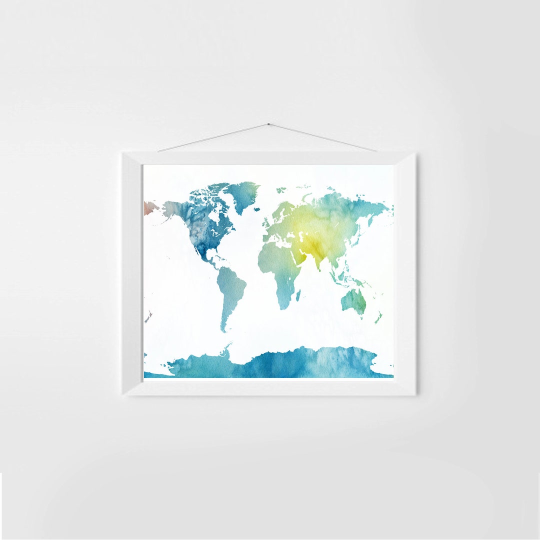 World Map Blue - Water Colour Wall Art Print, Watercolour Poster Giclee ...