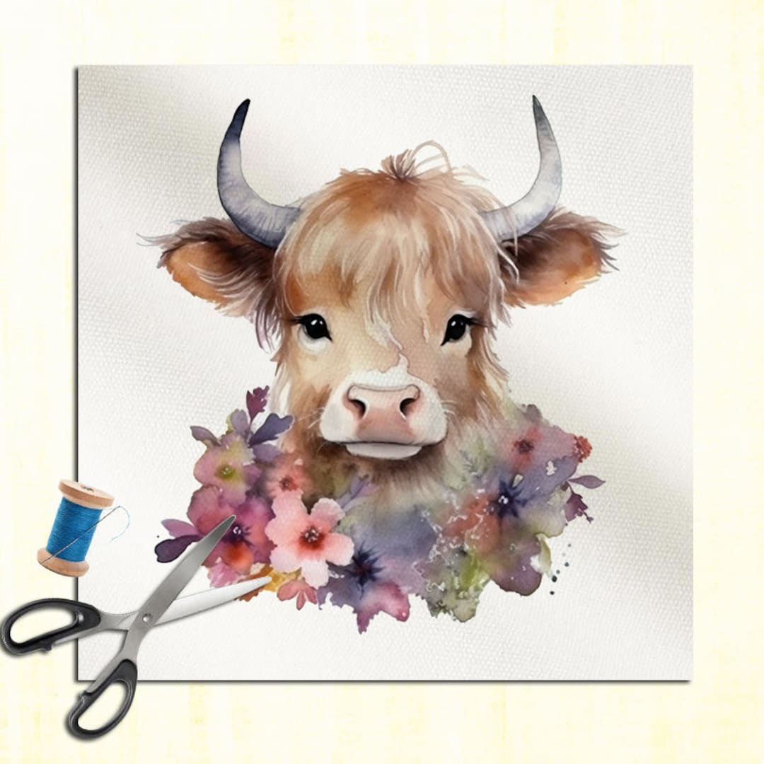Highland Cow Head Floral Horns - Watercolor Watercolor Cushion Panel ...