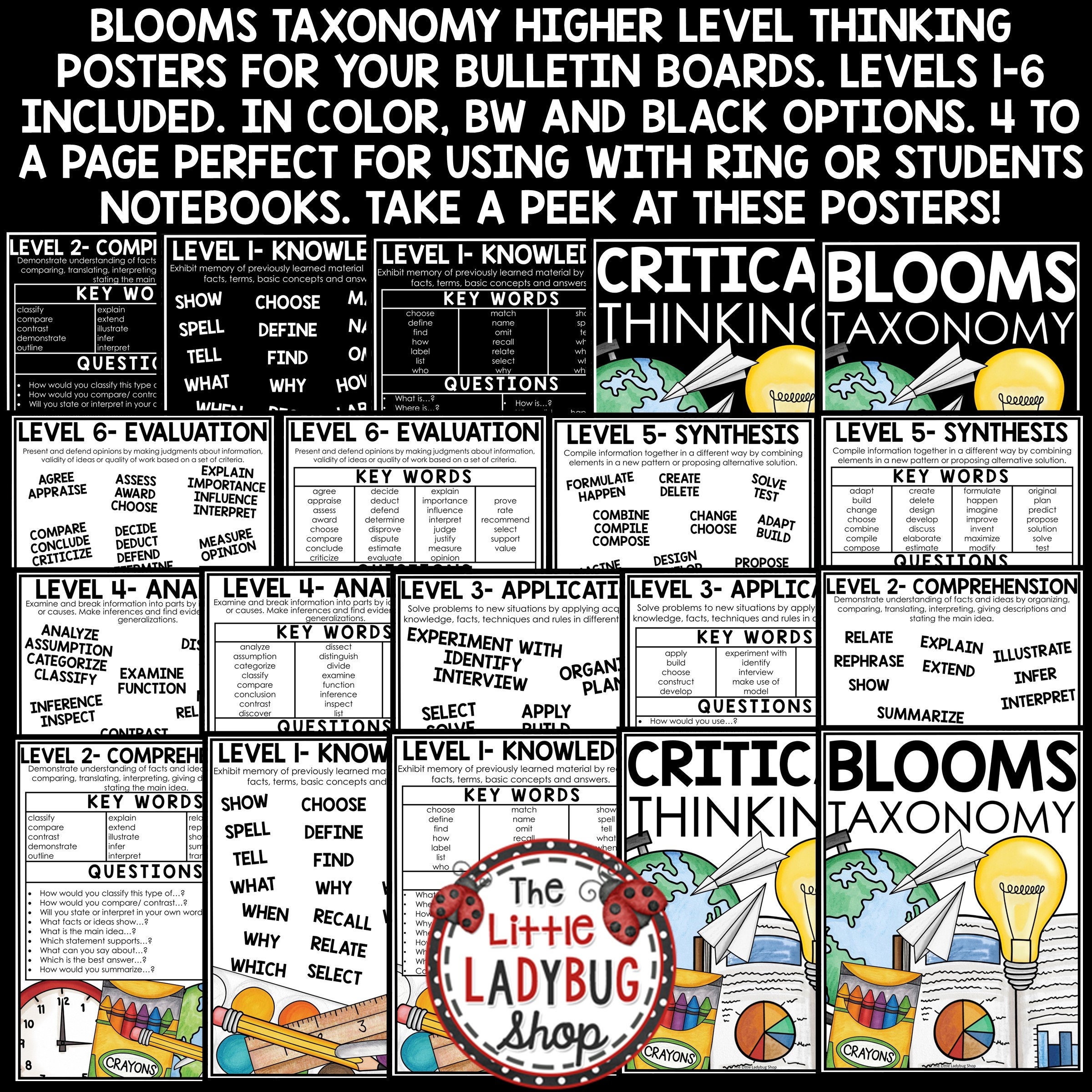Blooms Taxonomy Posters Anchor Charts | Blooms Taxonomy Questions Chart ...
