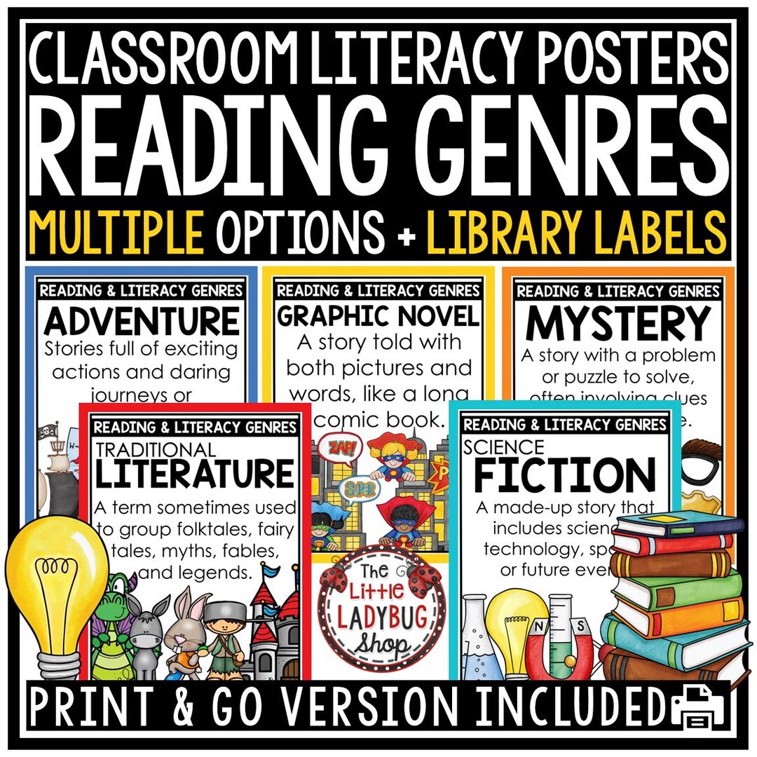 ELA Literacy Reading Genres Posters Classroom Library Labels Book Bins ...