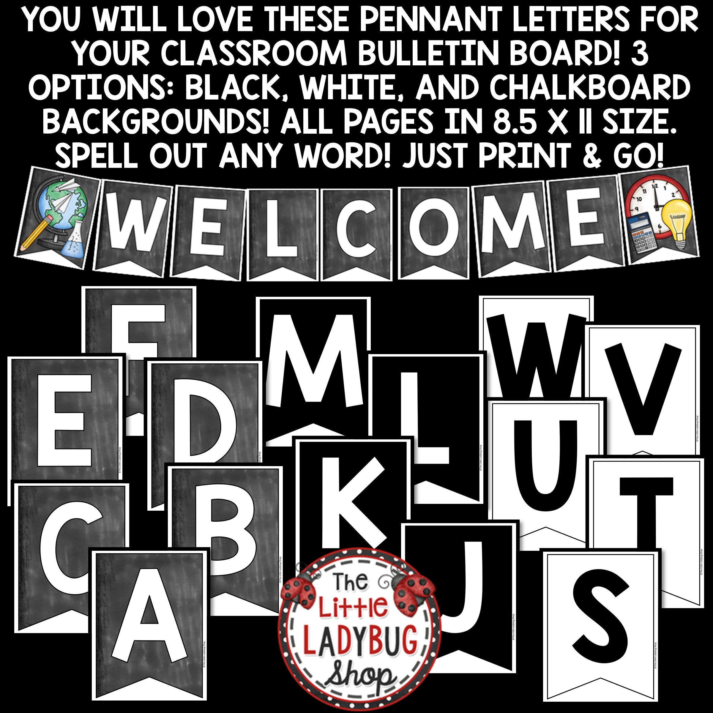 Black and White Chalkboard Letters Banner | Black White Bulletin Board ...