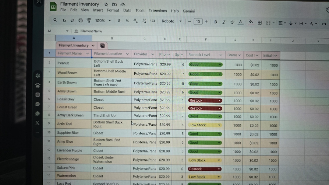 3D Printing Filament Inventory Tracker Excel | 3D Print Material Log ...