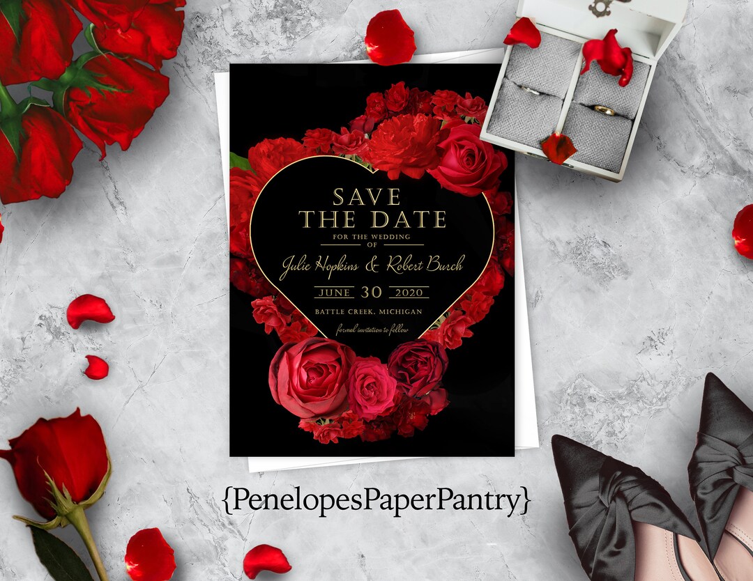 Save the Date Card,wedding Save the Date,red Rose Save Our Date,wreath ...