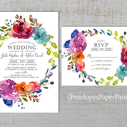 Bright Floral Wedding Invitation Printed Set Summer Wedding - Etsy
