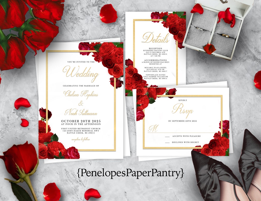 Elegant Red Rose Summer Wedding Invitation,red Roses,greenery,gold ...