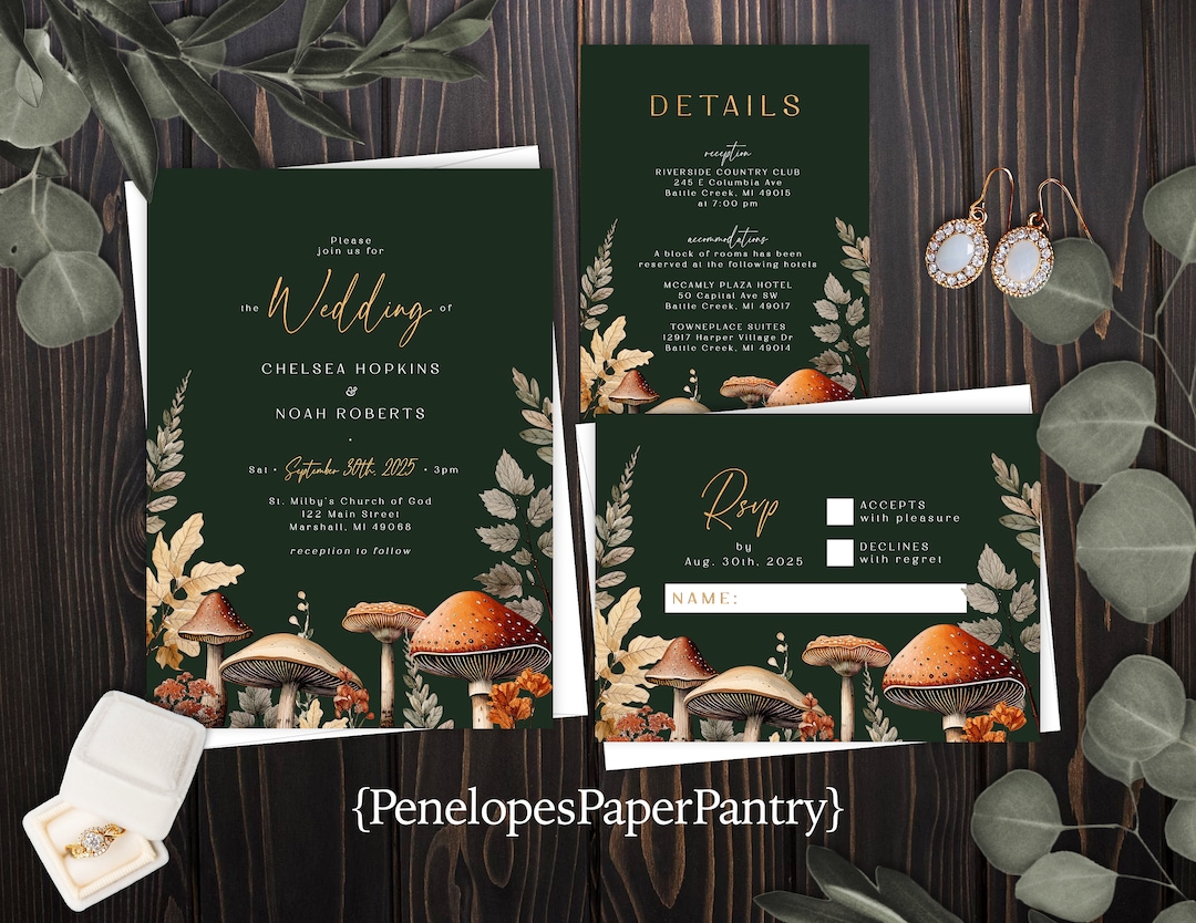 Rustic Mushroom Wedding Invitation,forest Wedding Invite,fall Wedding ...
