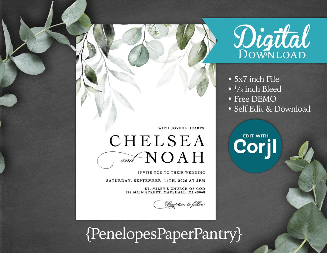 Elegant Digital Greenery Wedding Invitation Instant Download Editable ...