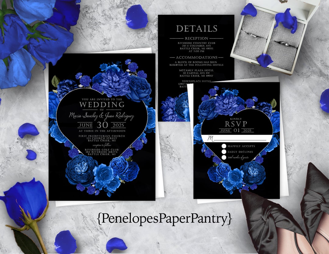 Elegant Royal Blue Rose Wedding Invitation Personalized Heart Wreath ...