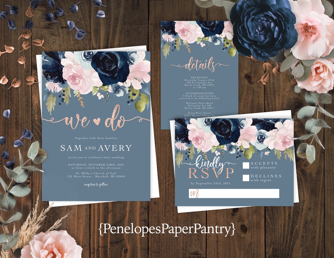 Whimsical Spring Wedding Invitation Dusty Blue Navy Blue - Etsy
