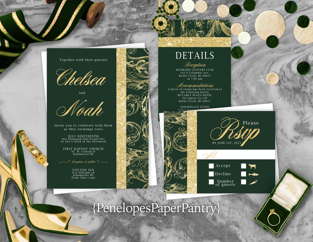 Elegant Emerald Green Wedding Invitation,emerald,gold,wedding Invite ...