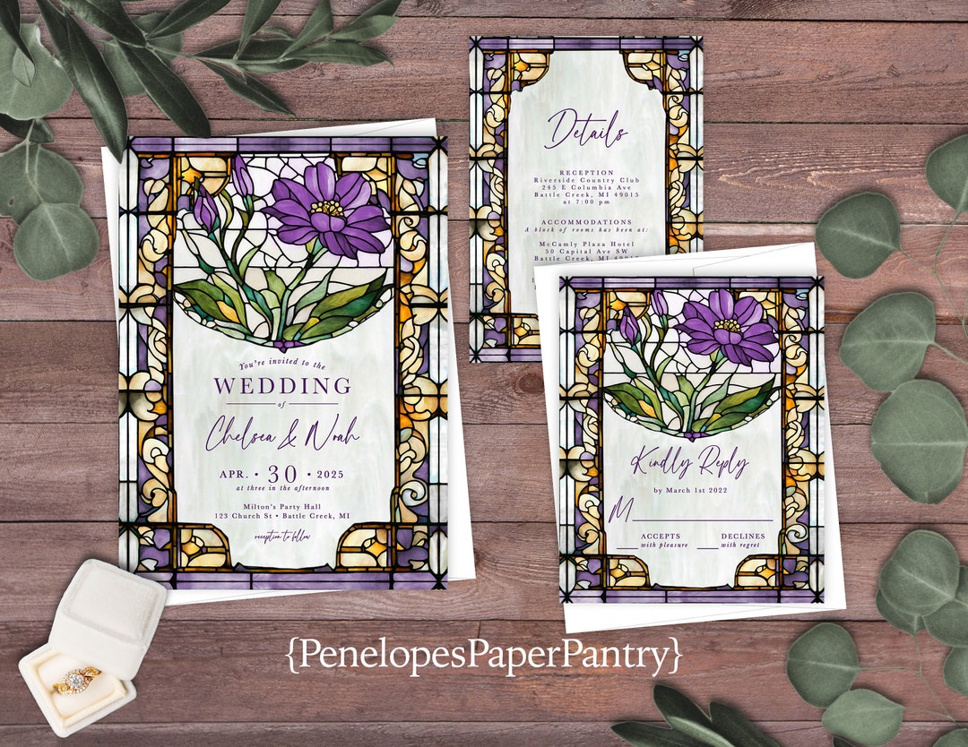 Floral Stained Glass Wedding Invitation,stained Glass Wedding Invite ...