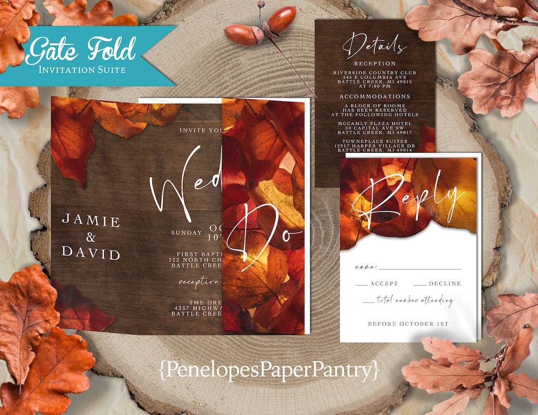 Rustic Gatefold Fall Wedding Invitation,red,burnt Orange,fall Leaves ...