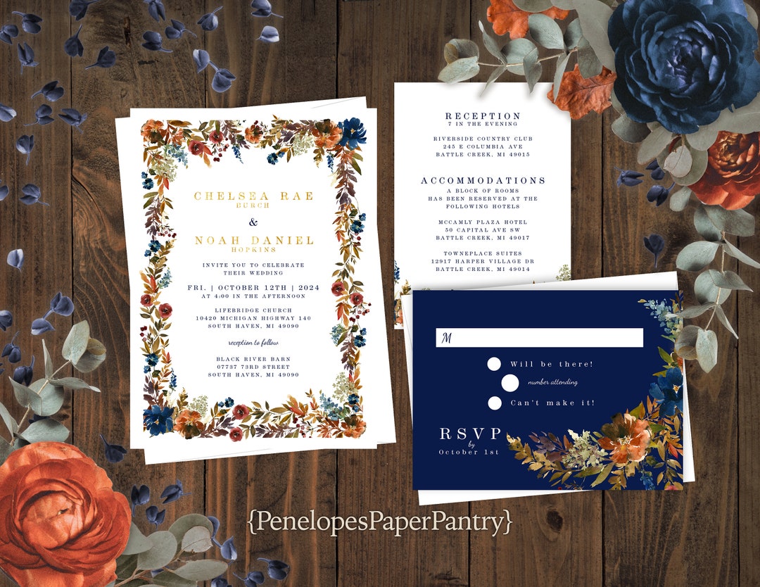 Floral Fall Wedding Invitation,floral Fall Wedding Invites,floral Fall ...