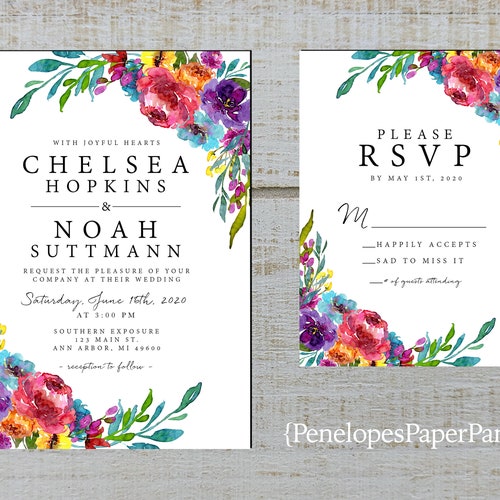 Summer Bright Floral Wedding Invitation Template Colorful - Etsy