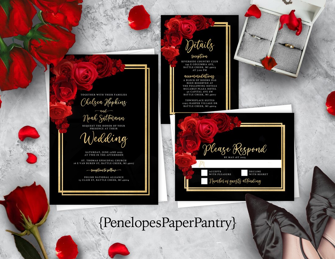 Elegant Red Rose Wedding Invitation,red Rose Wedding Invite,red Roses ...