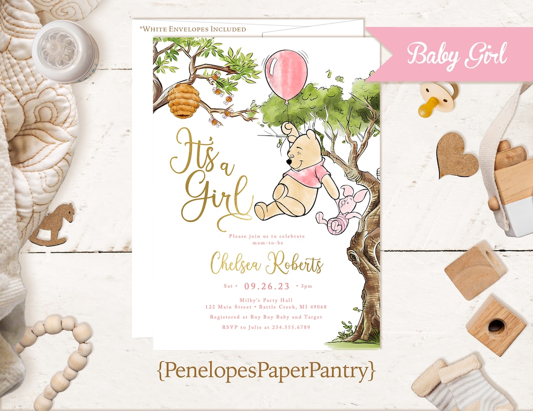 Winnie the Pooh Baby Girl Shower Invitation Personalized Piglet Bee ...
