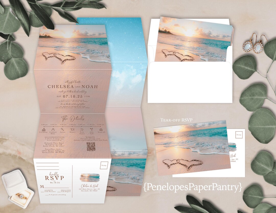 Printed All in One Beach Wedding Invitation Personalized Accordion Fold ...