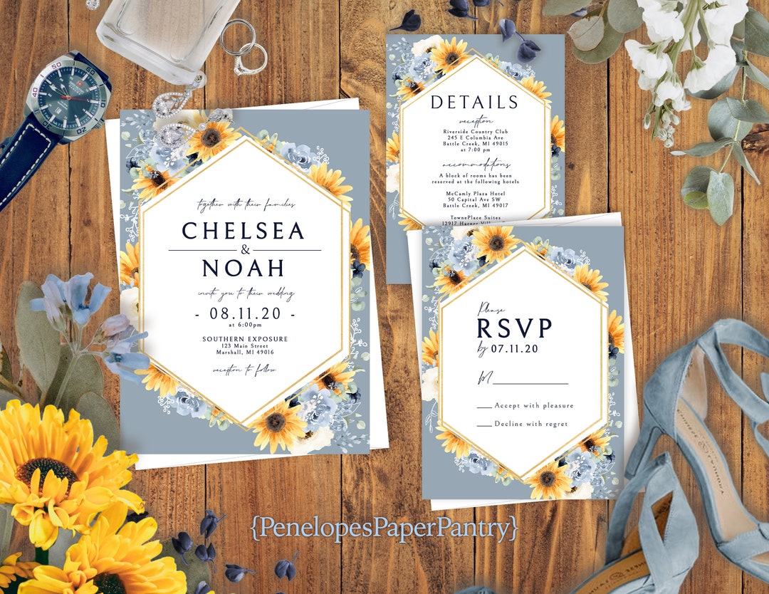 Elegant Shabby Chic Sunflower Wedding Invitation Personalized Dusty ...
