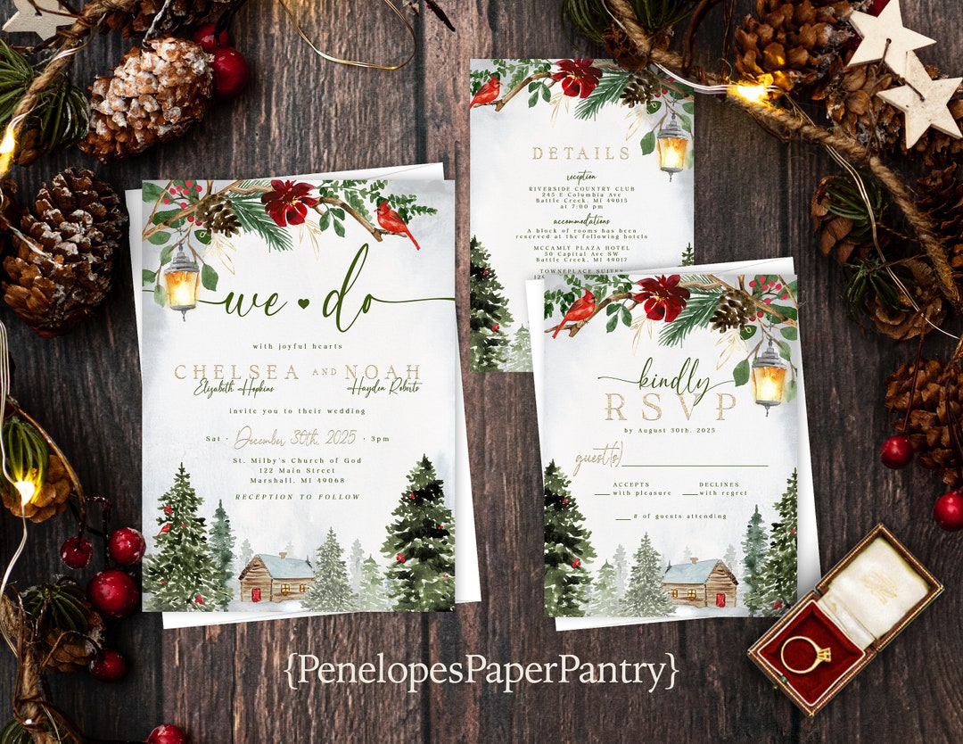 Rustic Winter Wedding Invitation: Log Cabin, Cardinal, Evergreen Forest ...