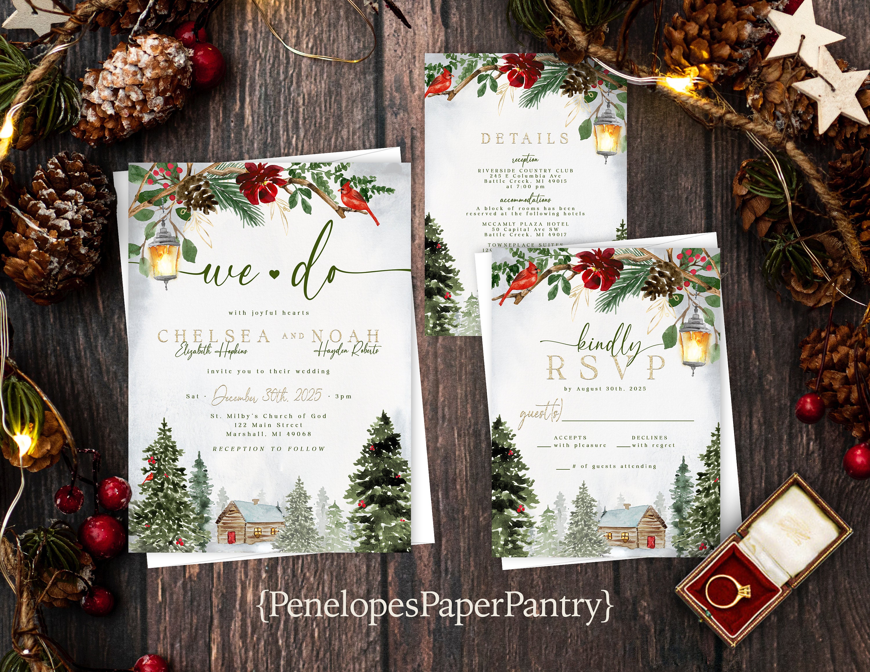 Rustic Winter Wedding Invitation: Log Cabin, Cardinal, Evergreen Forest ...