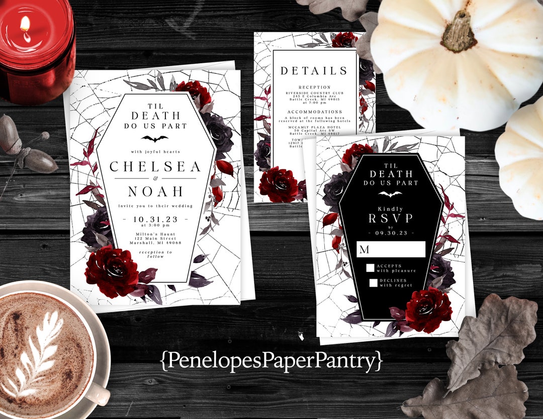 Elegant Gothic Halloween Wedding Invitation Personalized Casket Spider ...