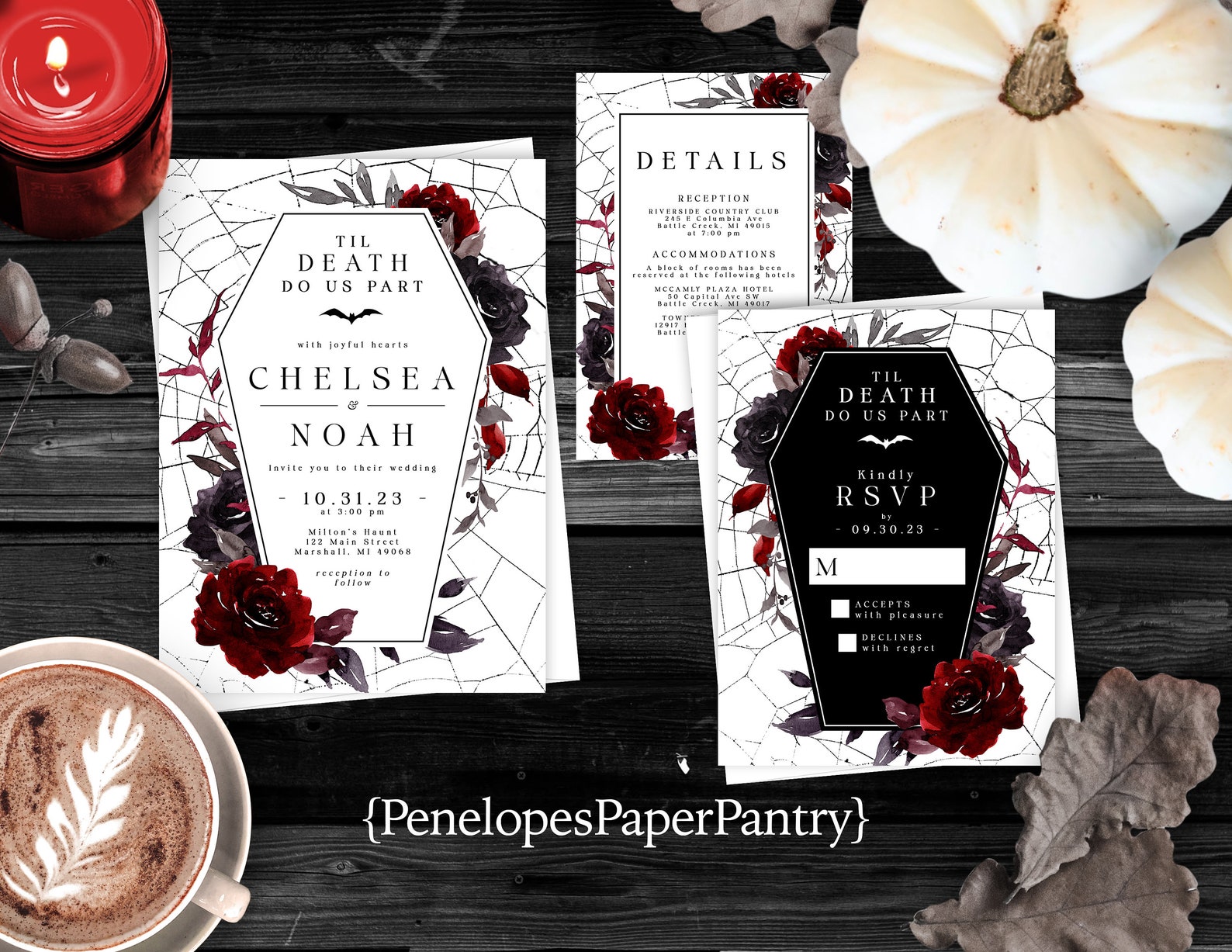 Gothic Wedding Invitation Set: Casket, Spider Web, Blood Red Roses ...