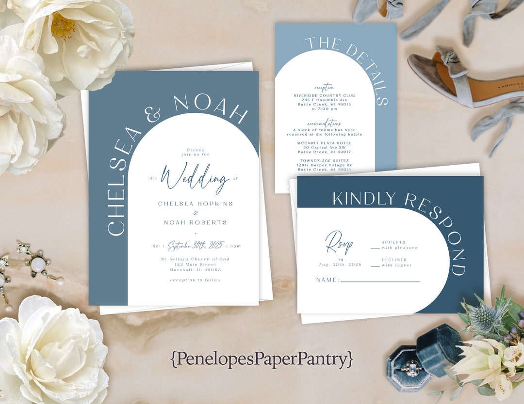 Printed Shades of Blue Wedding Invitation,personalized,calligraphy ...